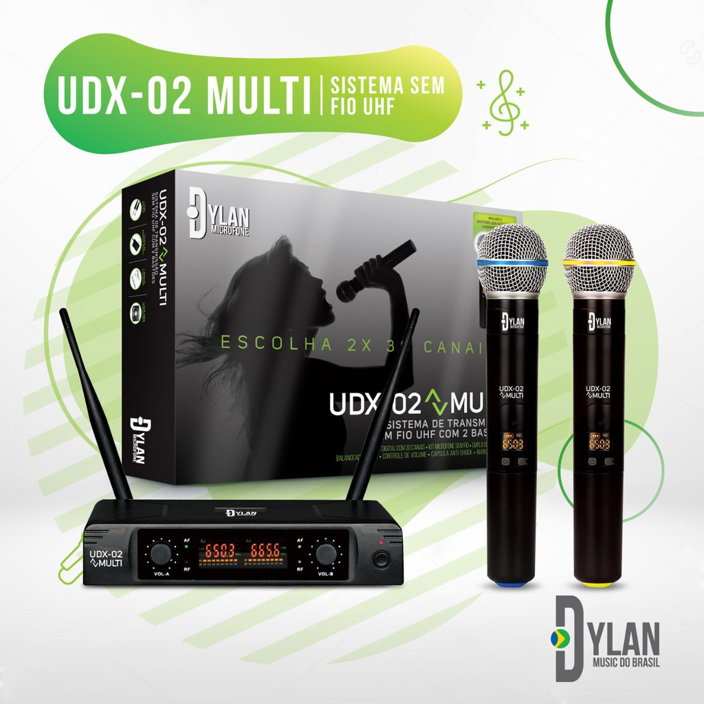 Microfone Sem Fio UHF Duplo - Dylan UDX-02 Multi | Shopee Brasil