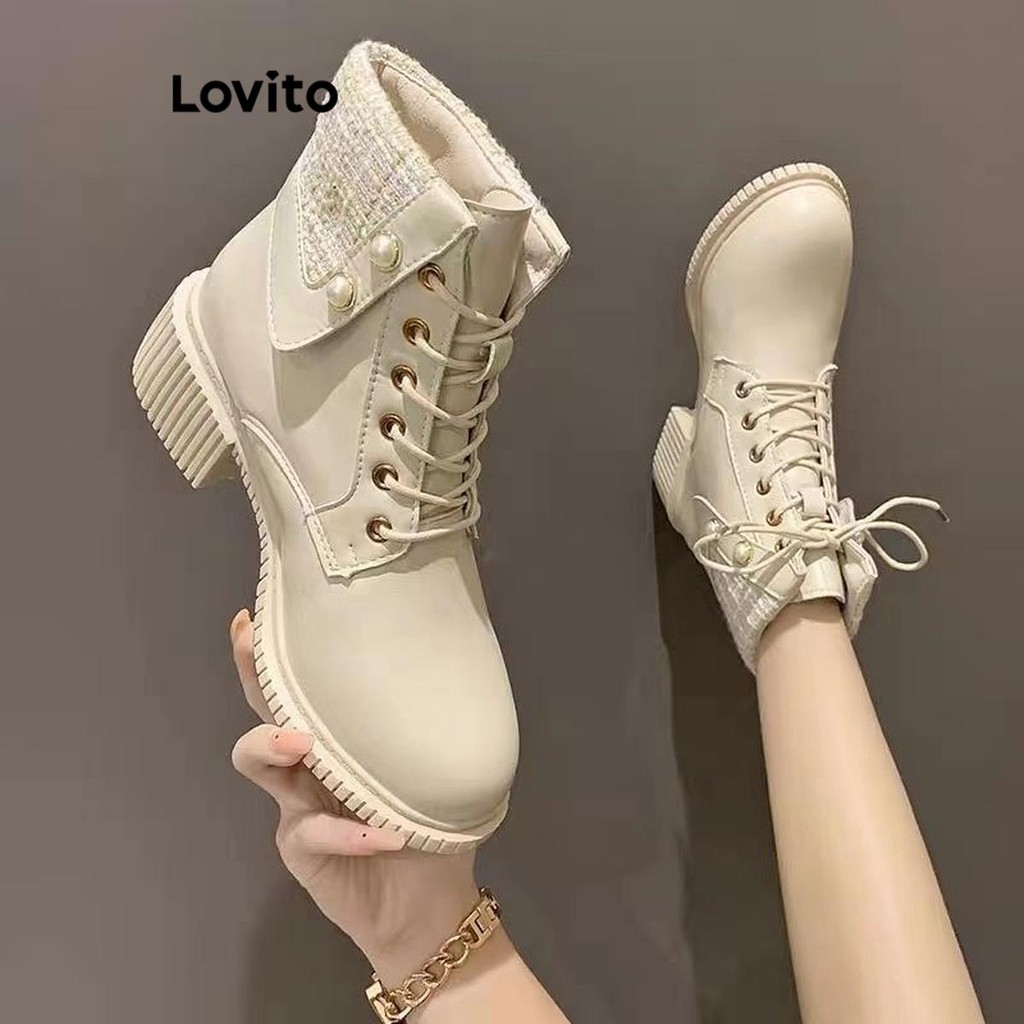 Lovito Elegante simples graça vento suave pérola botas curtas versão ...