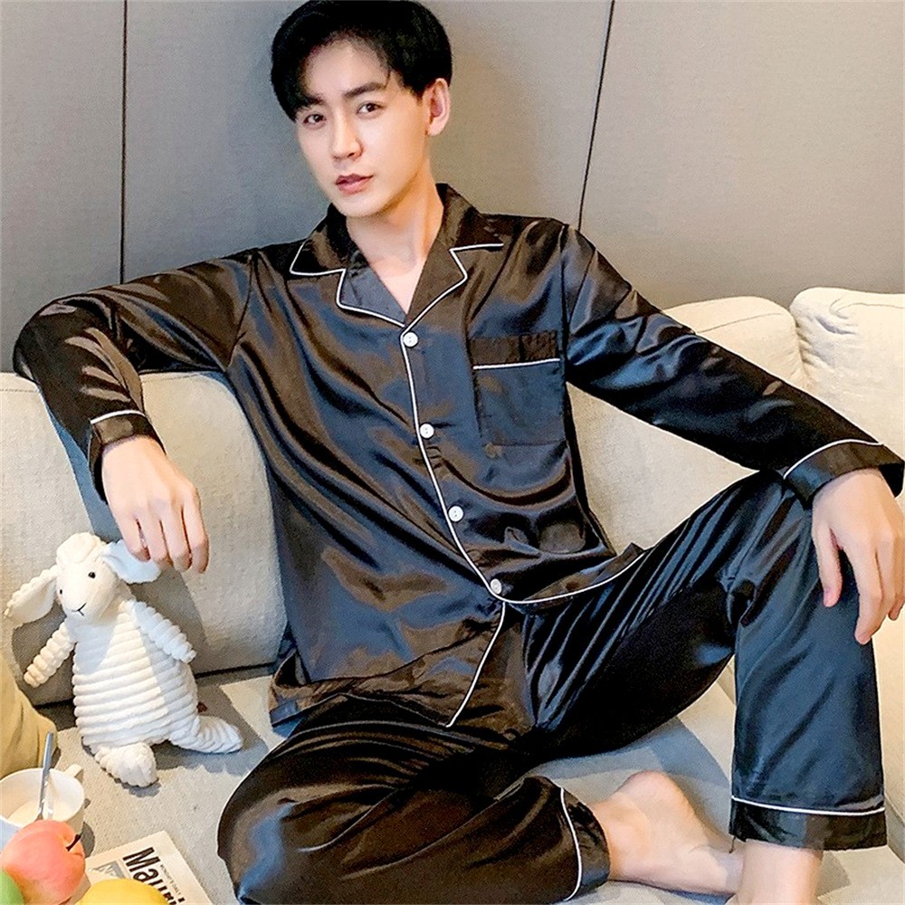 Novos Pijamas Masculinos Conjunto De Seda Cetim Sleepwear Para Homem ...