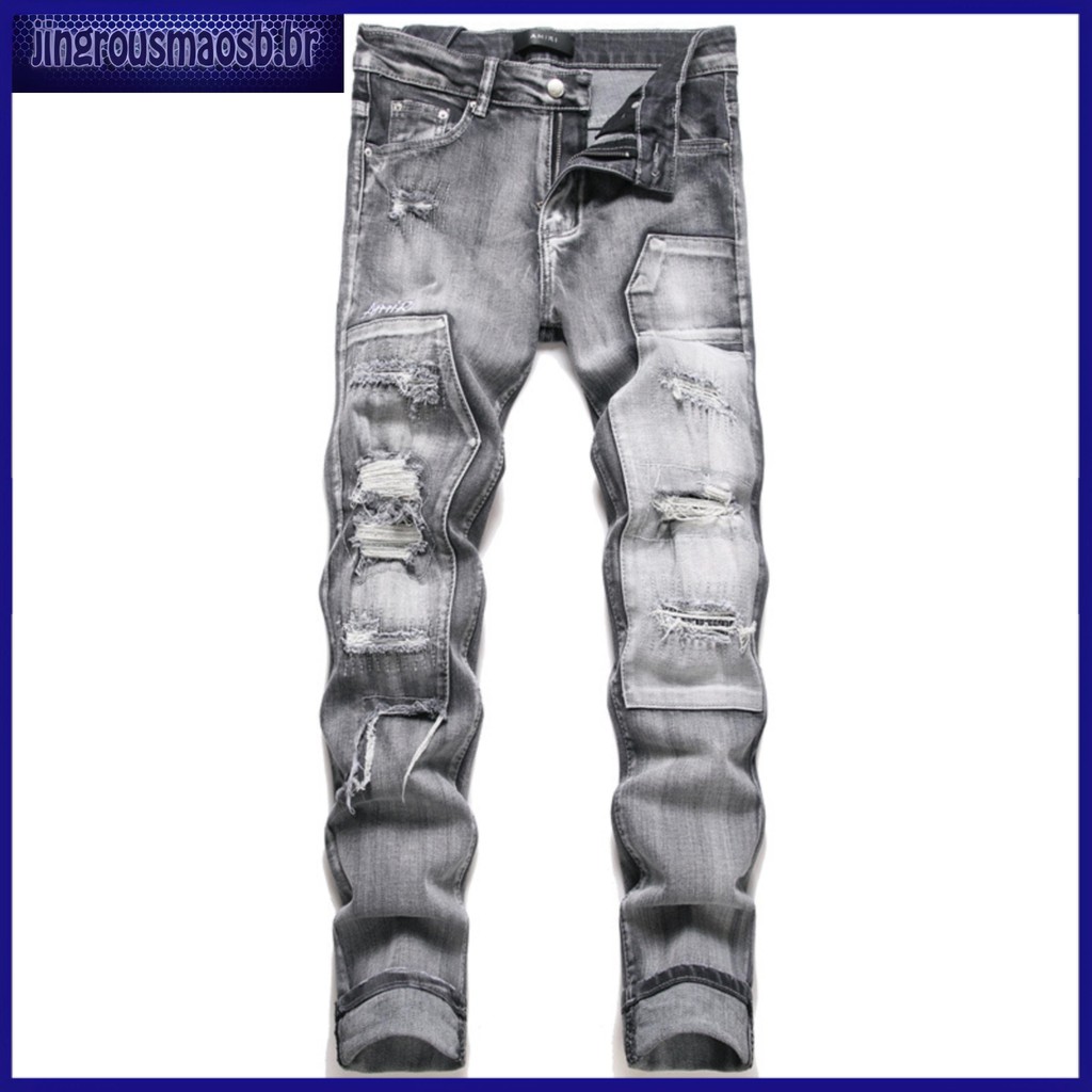 Nova Marca AMIRI De Calças De Ganga De Perna Pequena Bordadas Em ...