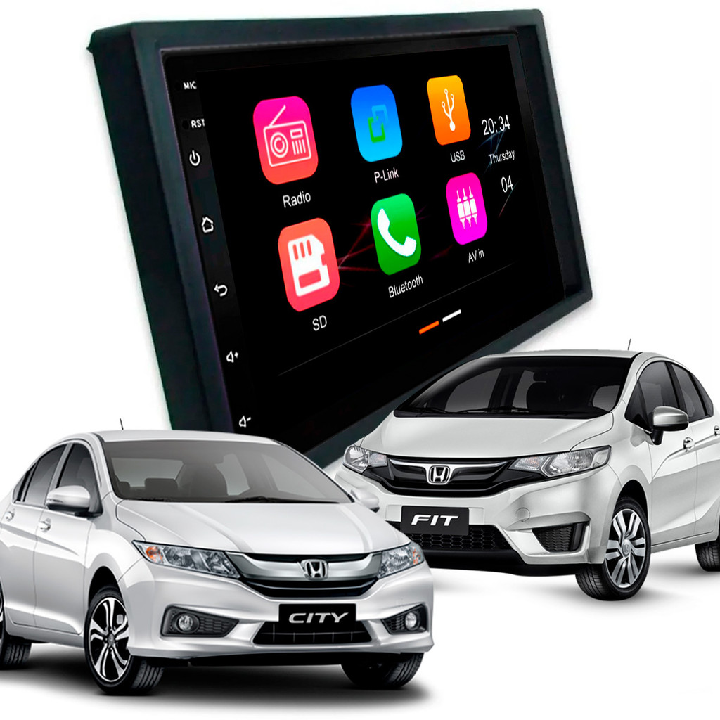 Central Multimídia 7 Polegadas MP5/BT CarPlay Android + Moldura Black Piano City Fit 2009/2014 ...