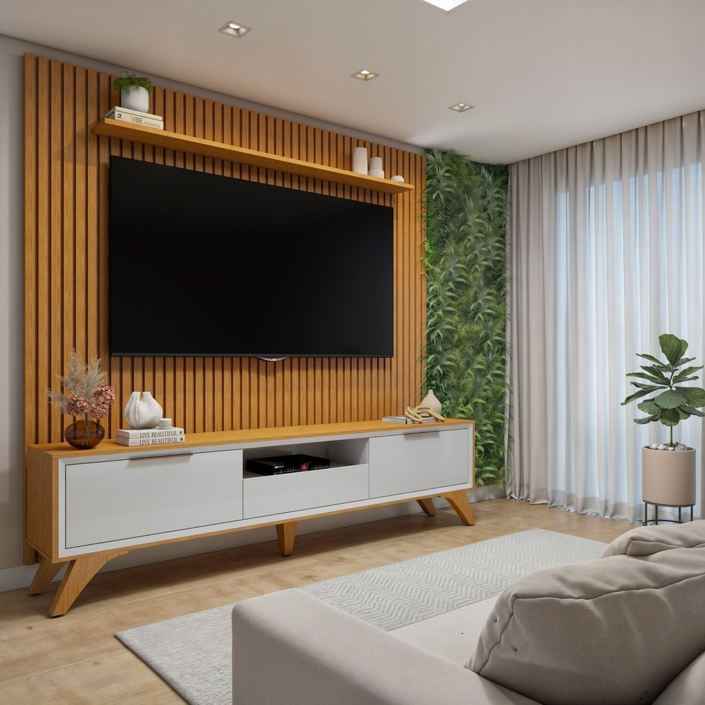 Conjunto Rack Áustria 220cm com Painel Ripado para Tv de até 75 Polegadas Paris Naturalle/Off ...