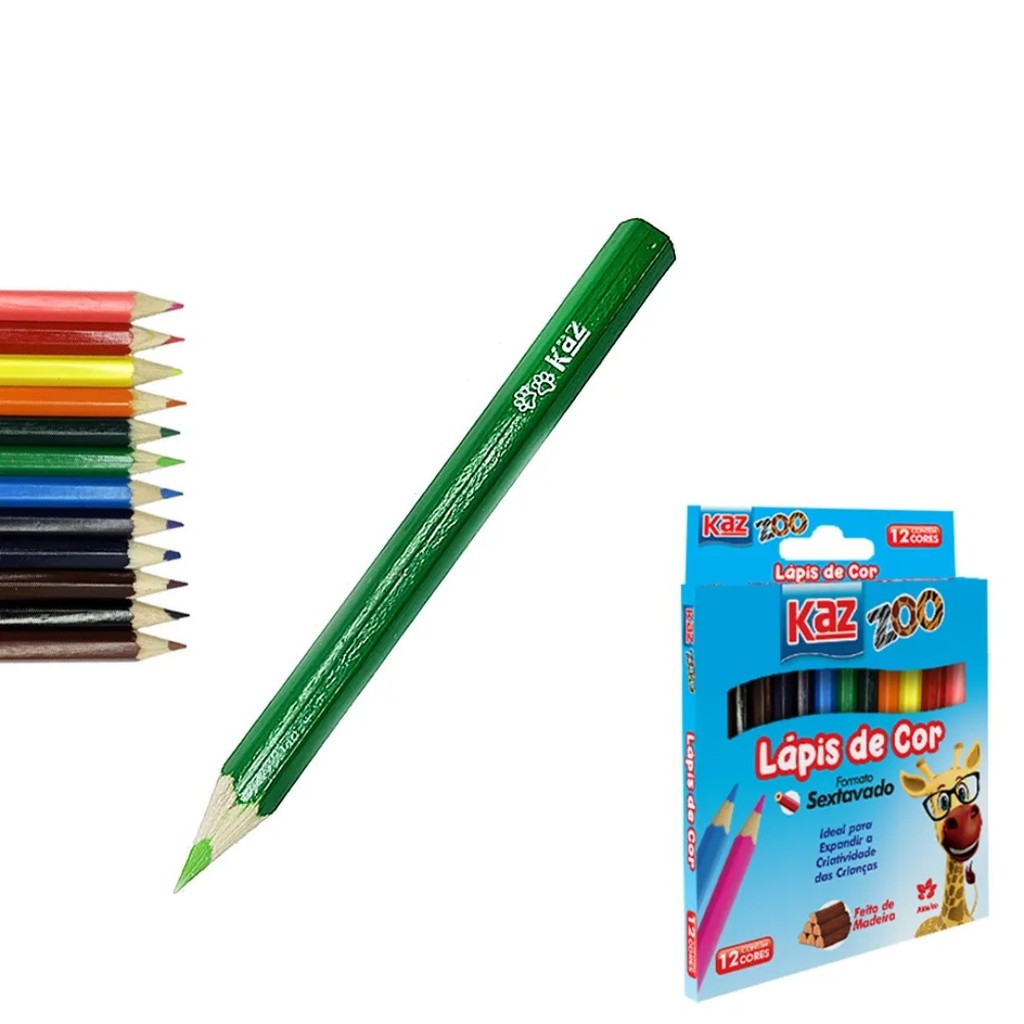 LÁPIS DE COR 12 CORES CURTO MADEIRA SEXTAVADO KZ3600 - KAZ | Shopee Brasil