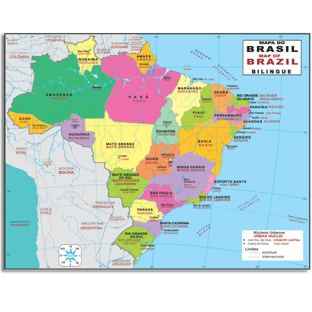 Mapa do Brasil Bilingue Inglês Português Poster Geografico Brazil ...