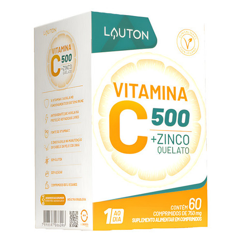 Vitamina C 500mg + Zinco 7mg 60 Caps Vegano Lauton Nutrition Sem ...