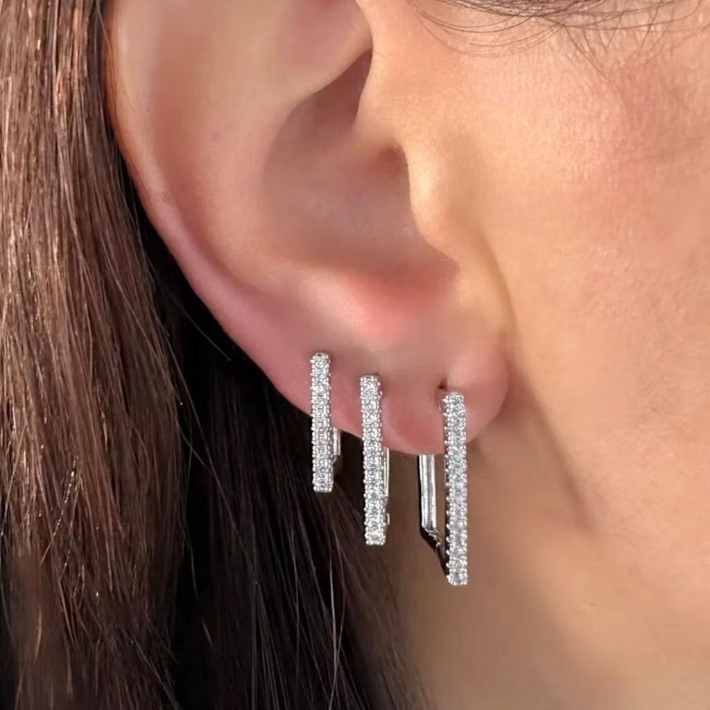 Trio Brincos Argolinha Quadrada Cravejado A prata 925 a Ouro 18k | Shopee Brasil