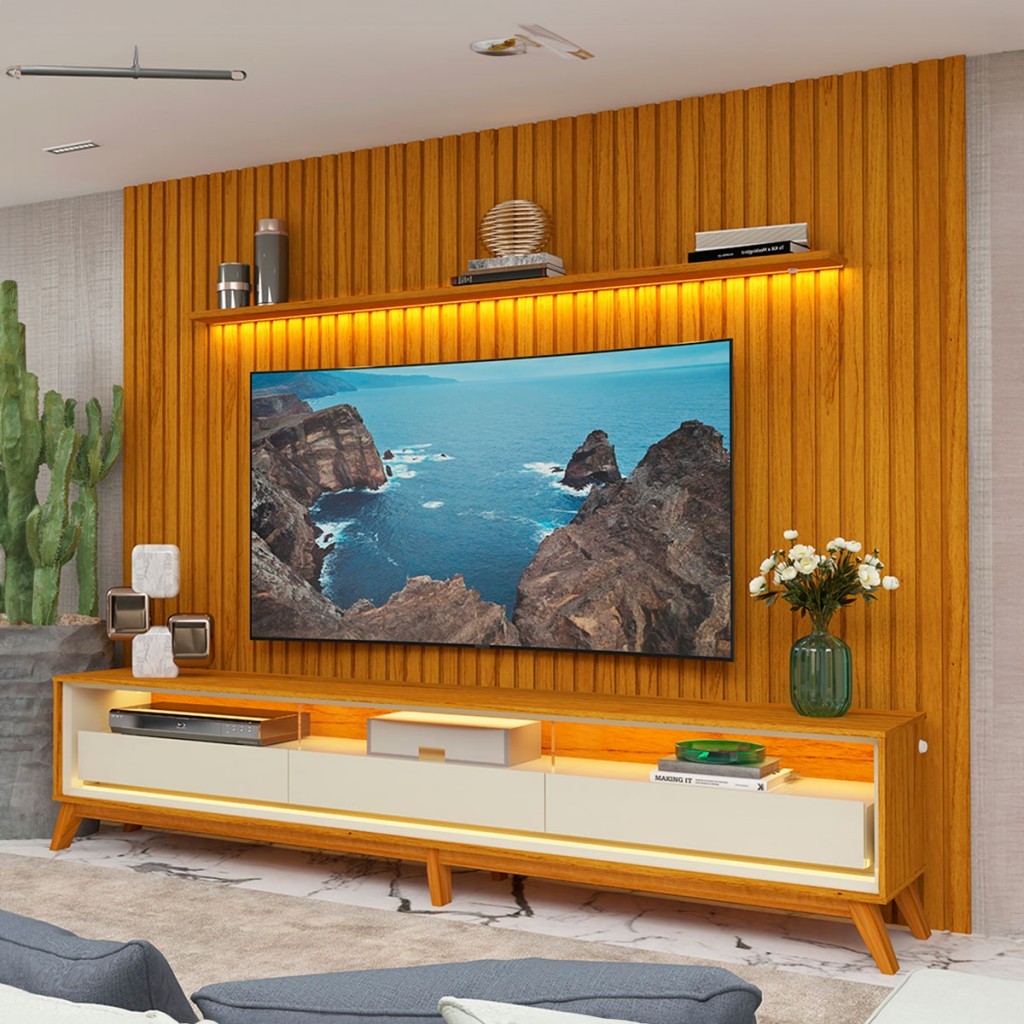 Rack com Painel para TV Até 85 Polegadas Nobre 3 Gavetas Ripado com Led 100% Mdf | Shopee Brasil