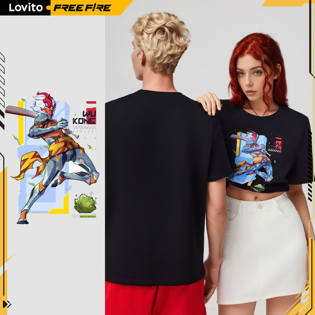Lovito x Free Fire Wukong Unisex Couple Camiseta Casual lisa de manga ...