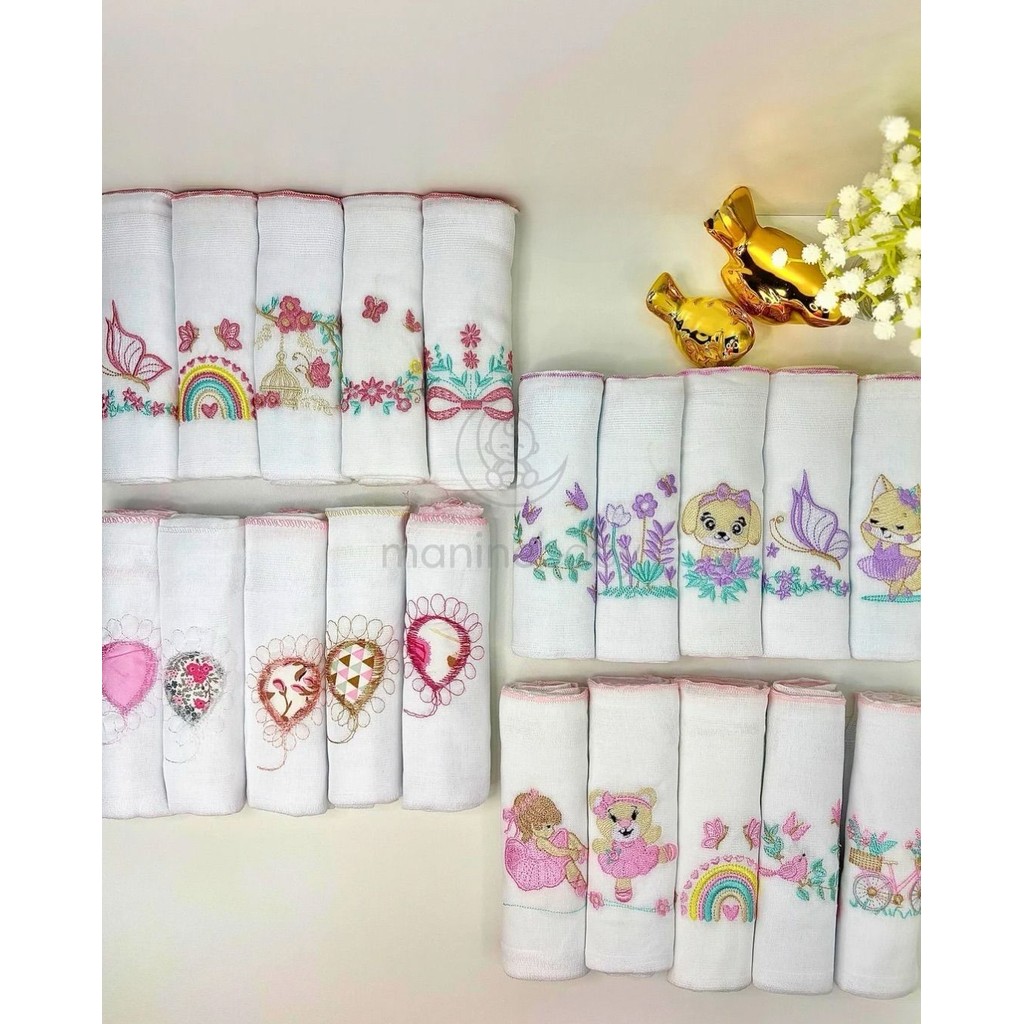 Kit Fralda de Pano Bordada para Bebê com 5 unidades 100% Algodão Menina ...