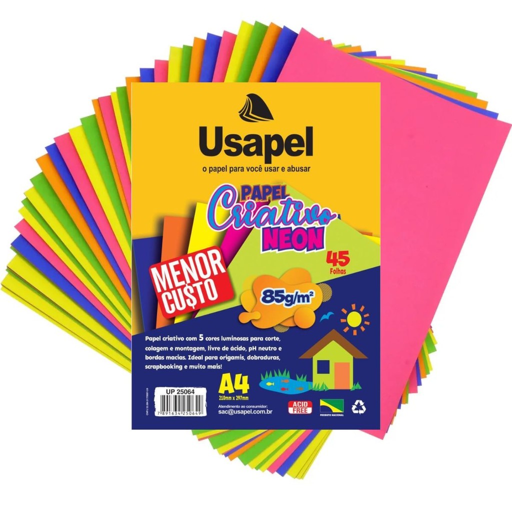 Papel Criativo Neon A4 85g 45 Fls Usapel | Shopee Brasil