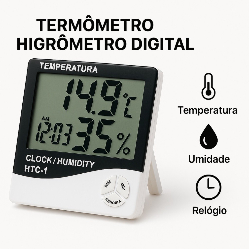 Termo Higrometro Digital Com Máxima e Mínima Medidor De Temperatura e Umidade Com Relógio e ...
