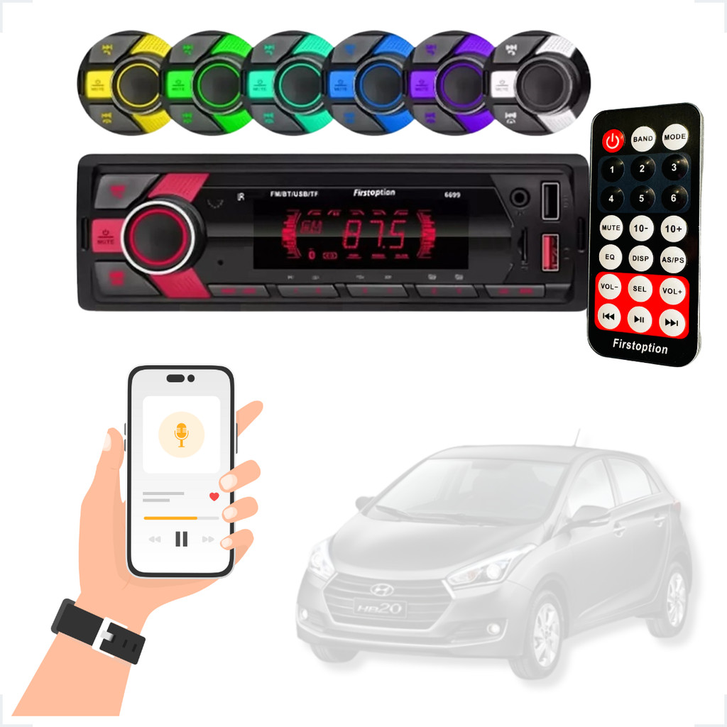 Rádio MP3 Som Automotivo Bluetooth 7 Cores HB20 2012 2013 2014 2015 ...