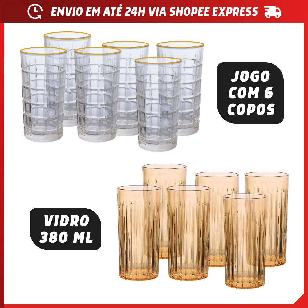 Kit 6 Copo de Vidro Resistente 380ml com Borda Dourada 380ml Luxo ...