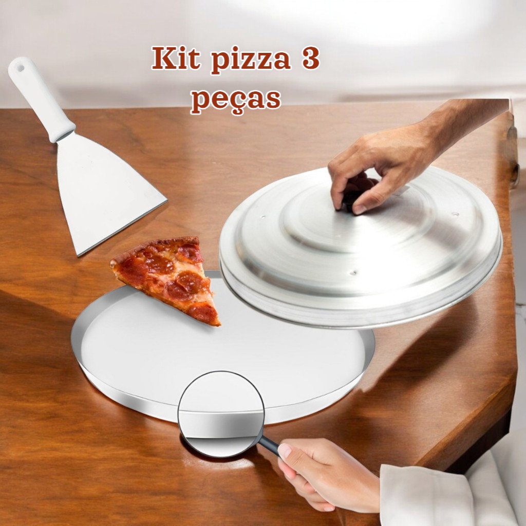 Kit Pizza 3 peças: Forma Redonda + Tampa Abafador Grande + Espátula ...