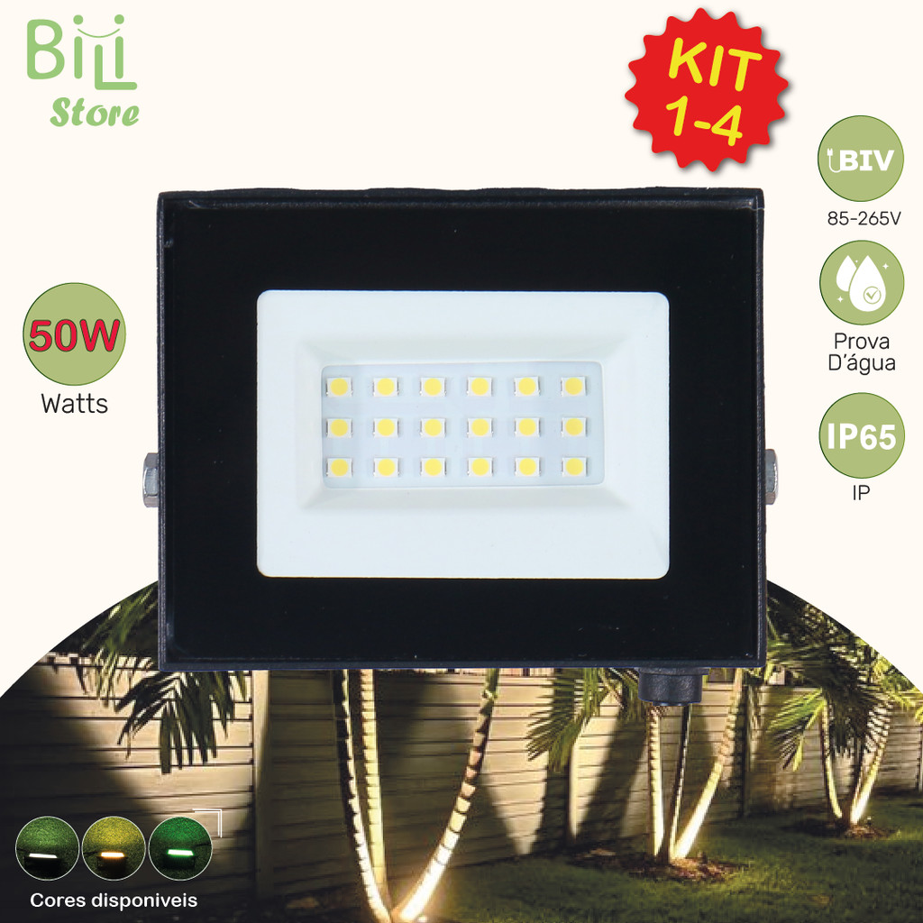 Kit 4 Holofote Refletor Led ECO Pro 50W Branco Frio 6500K Branco Quente Verde| IP65 | Luz ...
