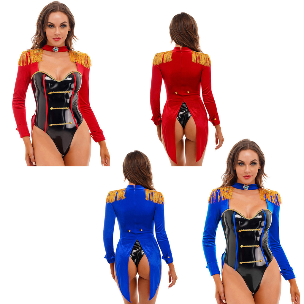 MSemis Feminino Circo Ringmaster Role Play Traje Borla Ombro Placa Manga Longa Bodysuit Retalhos ...
