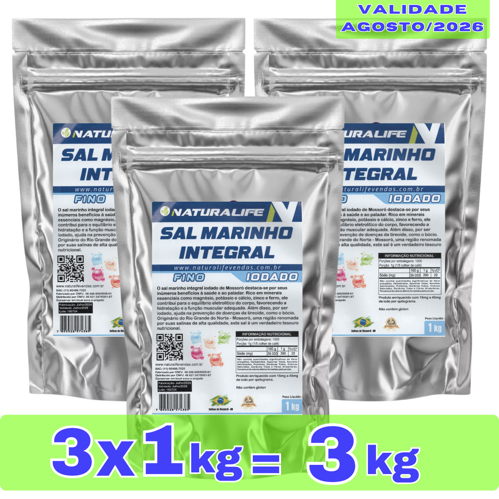 Sal Integral Moido Fino Iodado 3kg 100% Integral de Mossoro | Shopee Brasil