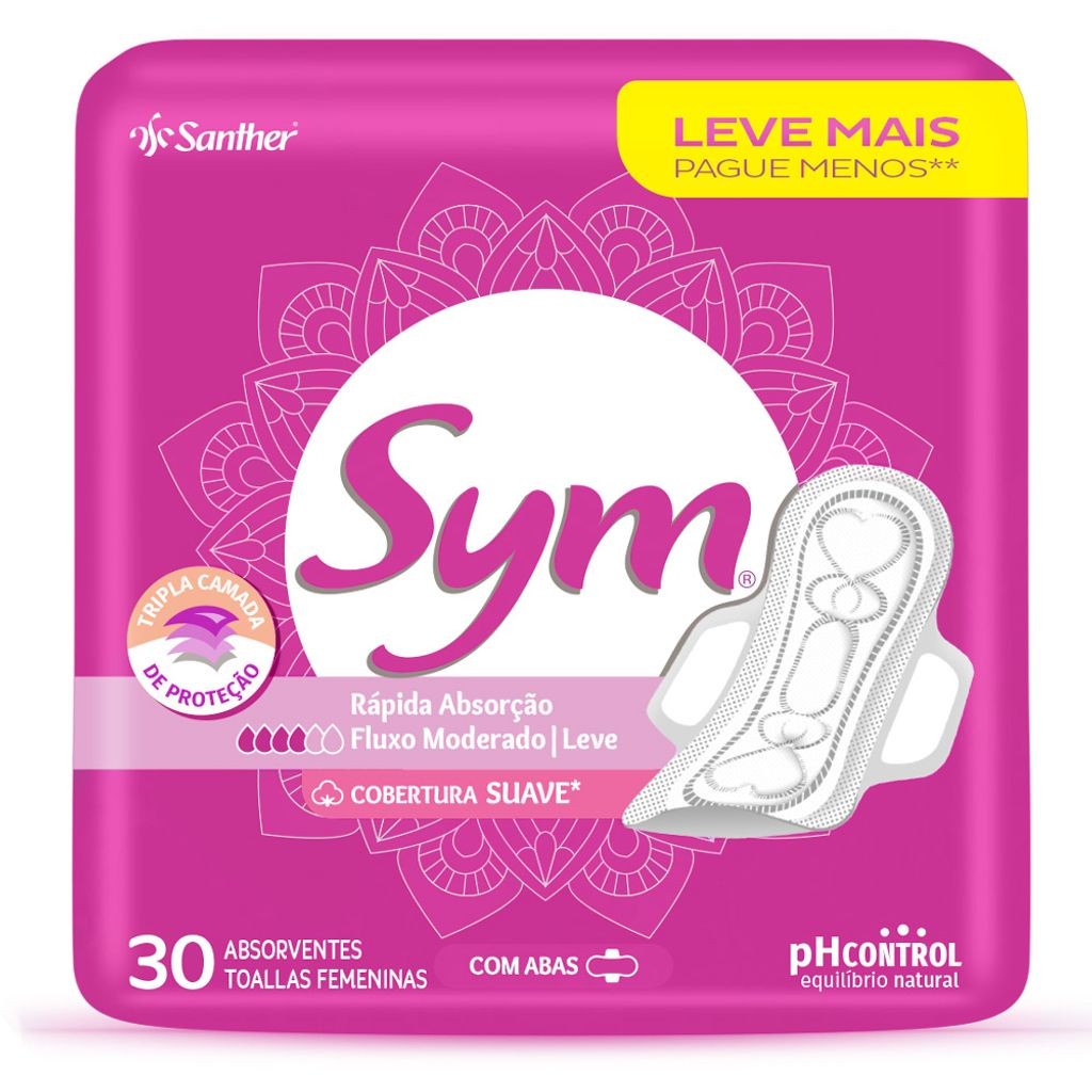 Absorvente Sym Cobertura Suave com Abas 30 Unidades Leve mais Por Menos | Shopee Brasil