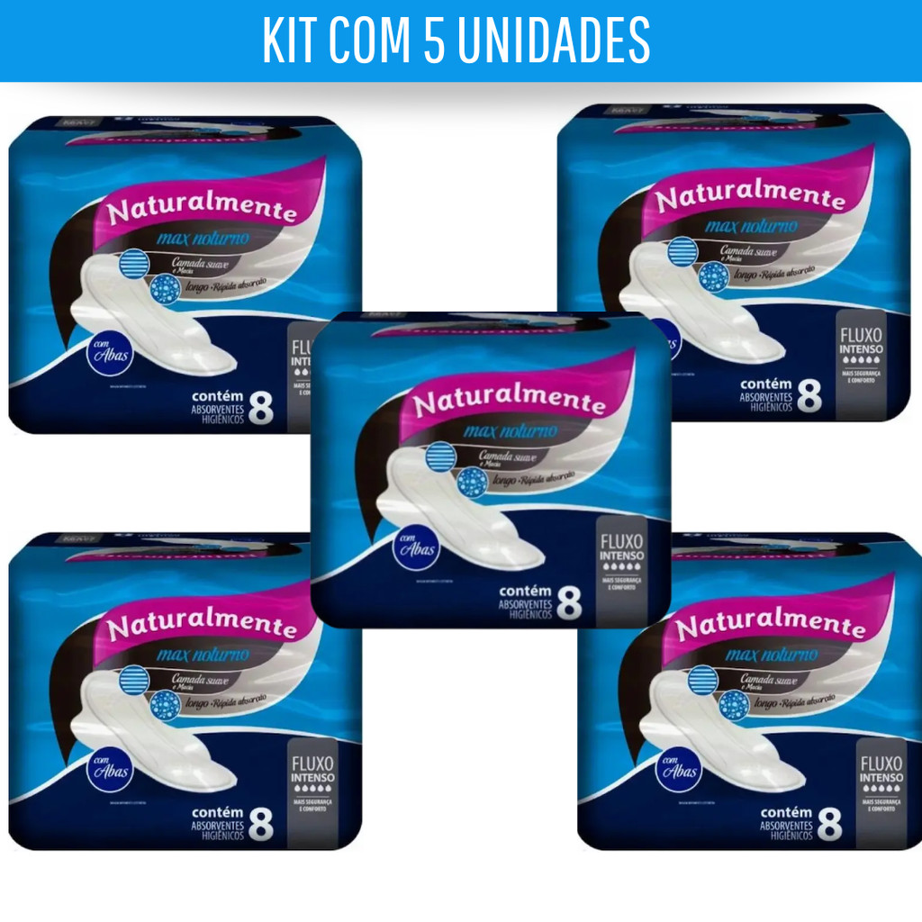 Kit 5 Absorvente Noturno Naturalmente Longo Com Abas Contém 8 Unidades ...