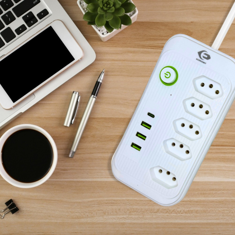 Filtro De Linha Extensão Elétrica Cabo Extensor 2 Metros 5 Tomadas + 3 USB E 1 USB Tipo C 110/ ...
