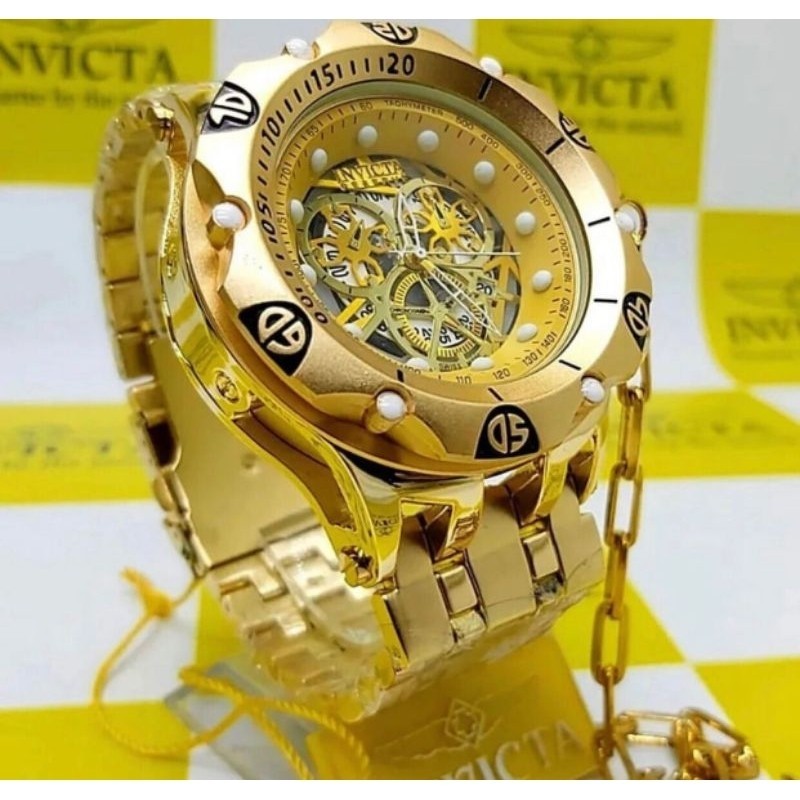 kit relógio invicta hybrid dourado masculino grande + corrente oferta ...