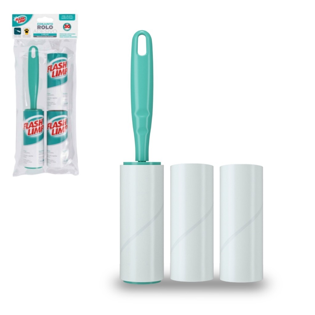 Conjunto Rolo Tira Pelo Adesivo Limpa Limpeza Roupas 3 Peças Flash Limp