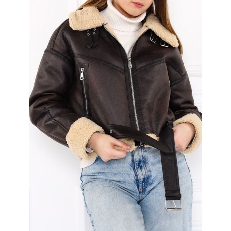 Streetwear Feminino Vintage Solto Curto Falso Jaqueta De Pele De Cordeiro Outono Inverno Moto ...