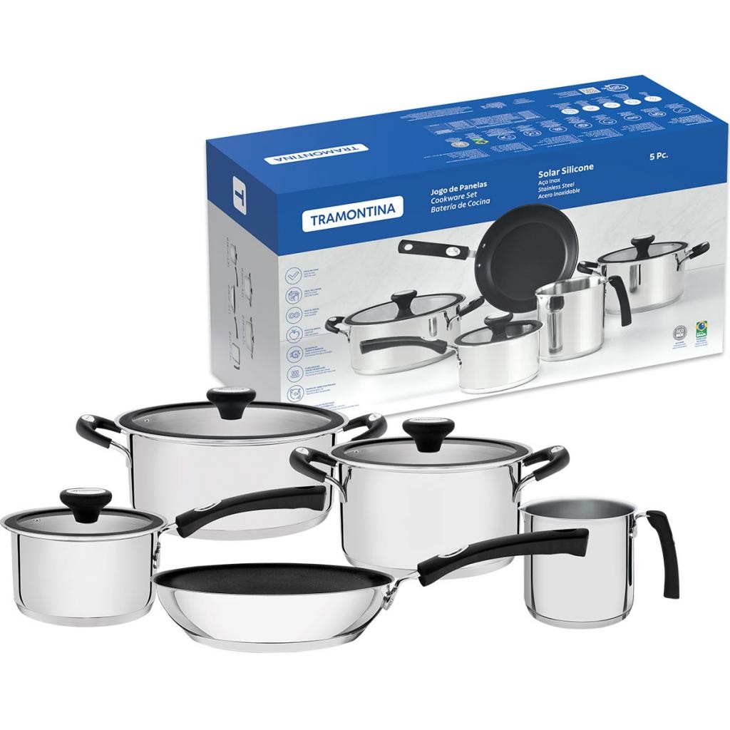 Jogo de Panelas Tramontina Solar Silicone em Aço Inox com Fundo Triplo ...