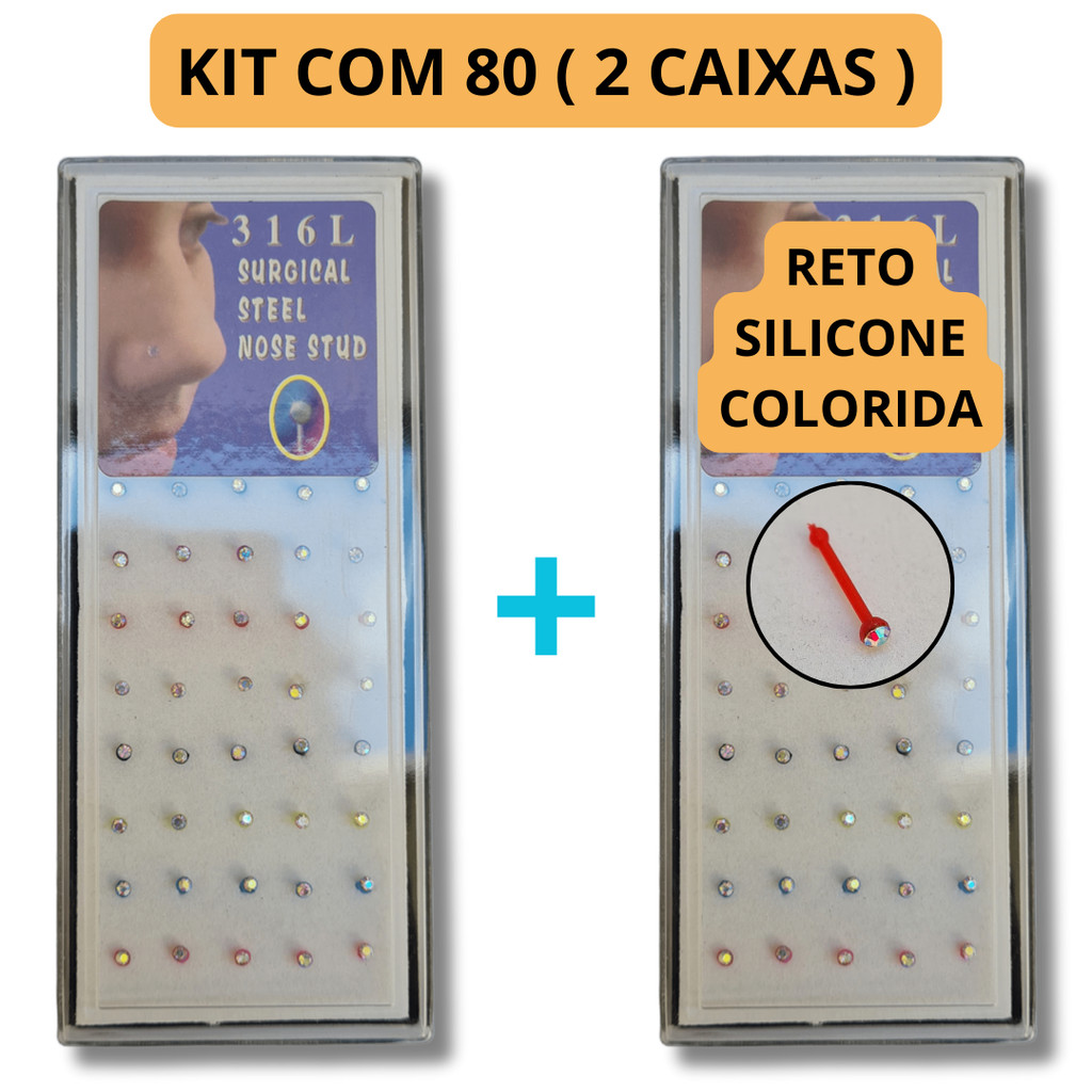 Kit com 80 Piercing Nariz Silicone Colorido Reto Revenda Atacado ...