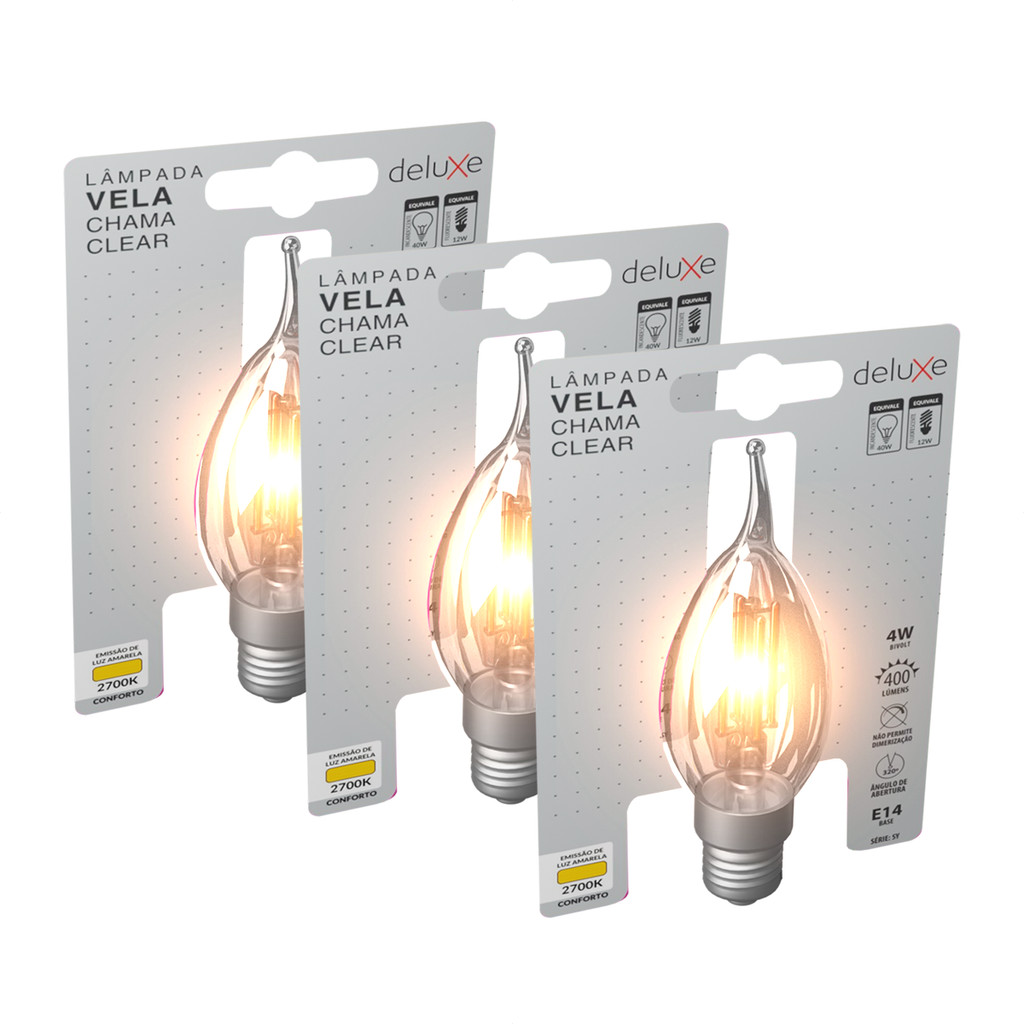 Kit 3 Lâmpadas de Led Filamento Vela Chama Clear 4W E14 2700k Bivolt ...