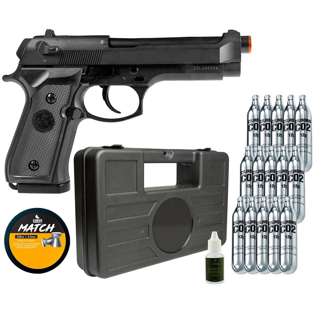 Pistola de Pressão Co2 4.5mm Rossi M92 Dual Ammo Blowback com Maleta, Chumbinho, 15 Co2 e Óleo ...