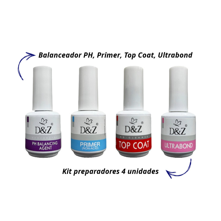 Kit 4 Preparadores Top Coat, Primer sem acido Ultra bond, PH D&Z 15ml ...