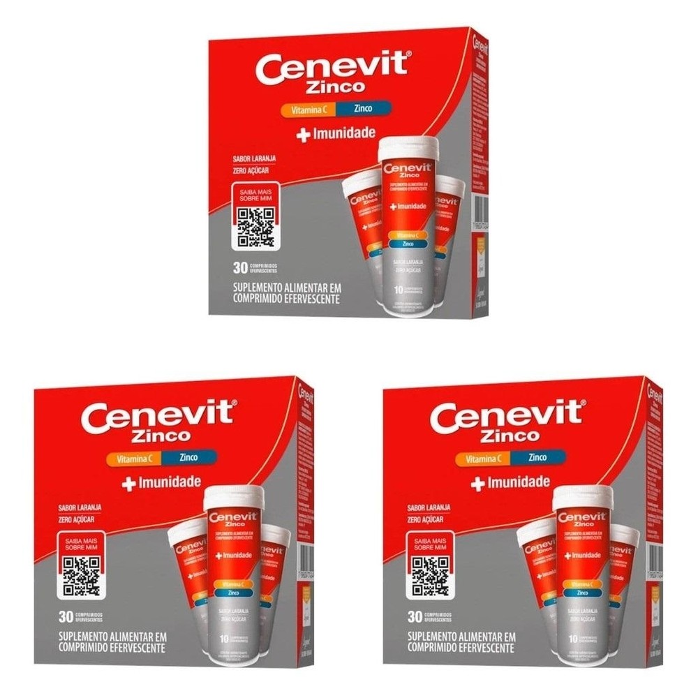 Kit 3 Cenevit Zinco Vitamina C + Zinco 30 Comprimidos Efervescentes ...