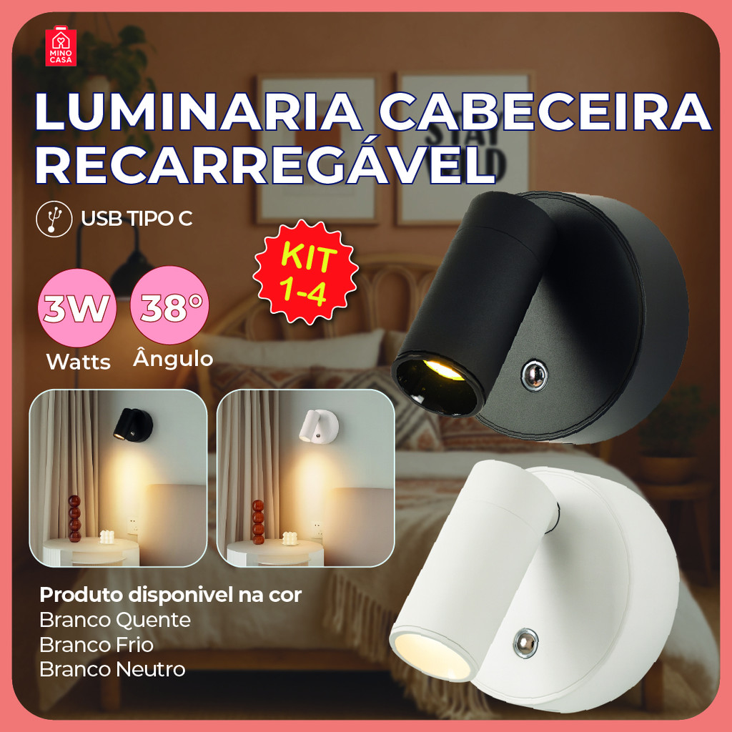 Kit 4 Arandela Spot Luminária Cabeceira Recarregável Led Redonda 3W com ...