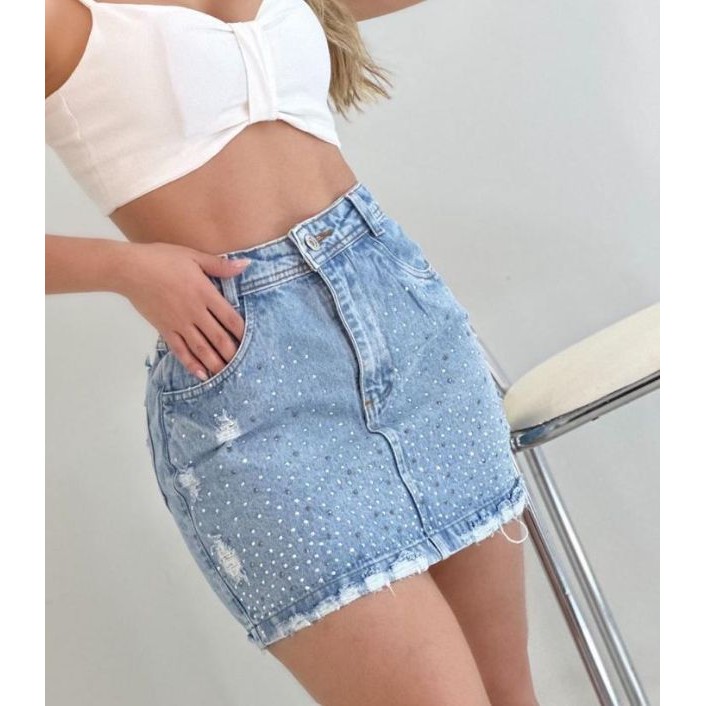 Saia Jeans Strass Jheny com botão e ziper moda feminina | Shopee Brasil
