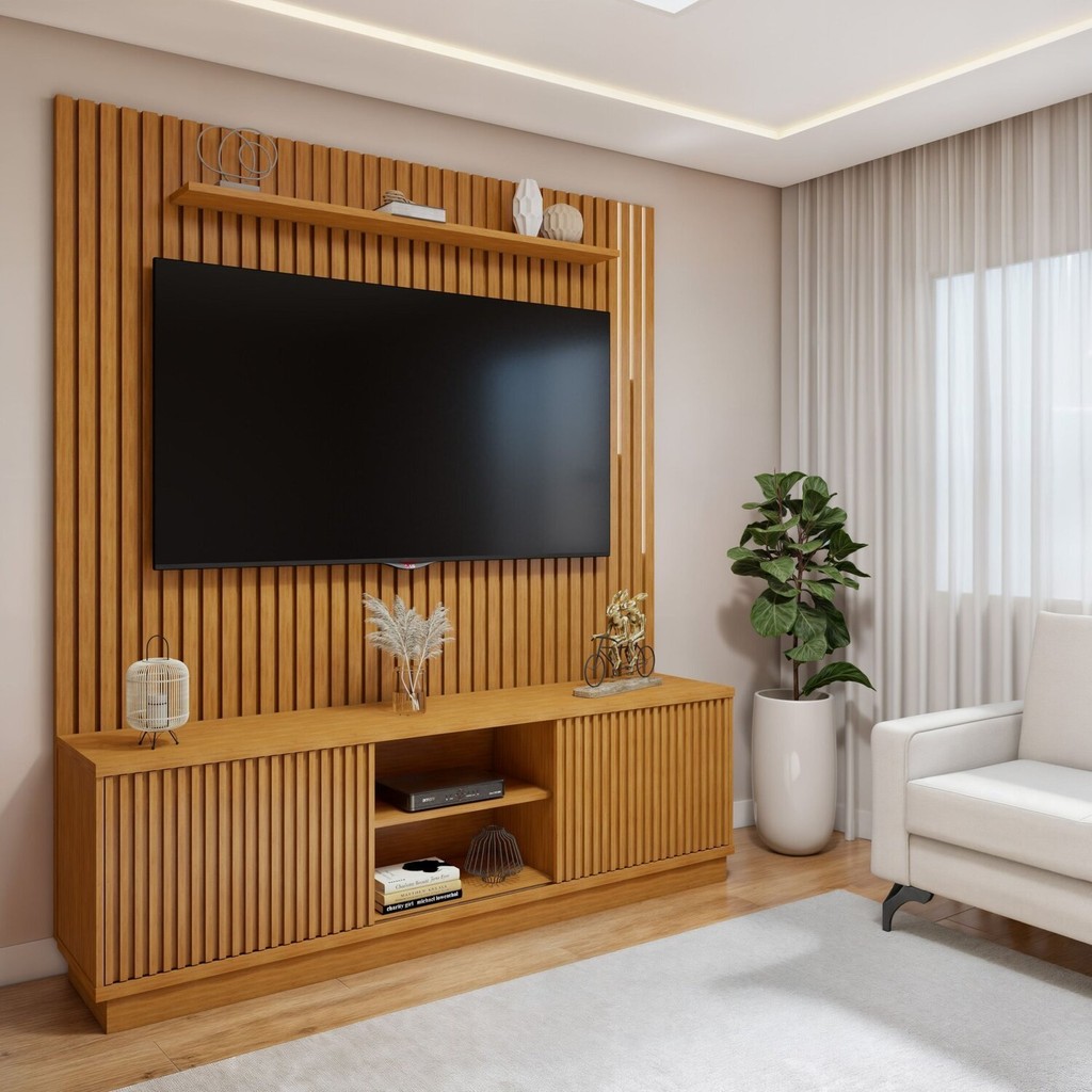 Rack com Painel para TV até 75 Polegadas Ripado 100% MDF com Led 180cm Paris Arezzo Naturalle ...