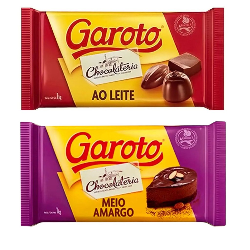 Kit 2 Barra Chocolate Garoto Ao Leite e Meio Amargo 1kg Cada | Shopee Brasil