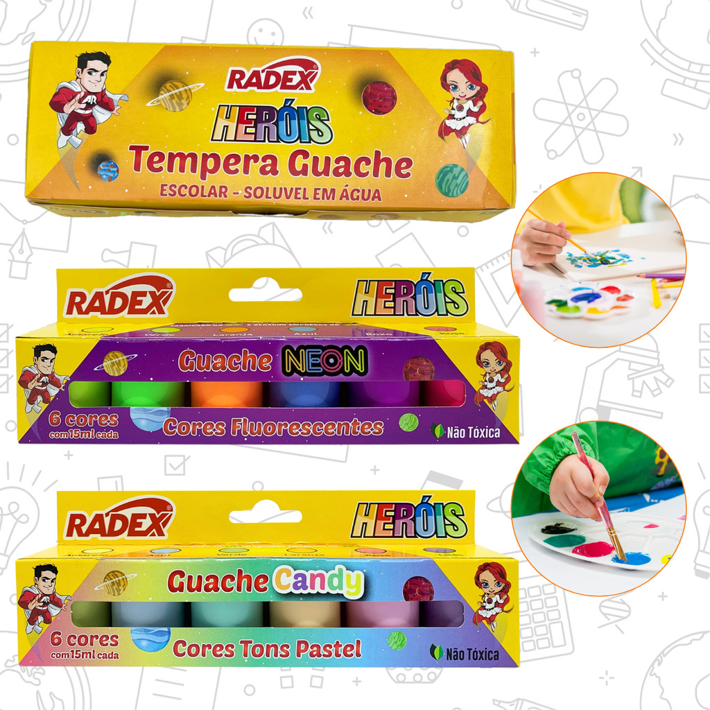 Kit 3 Tinta Guache Radex Caixa Com 12 Cores + 6 Cores Pastel + 6 Cores ...