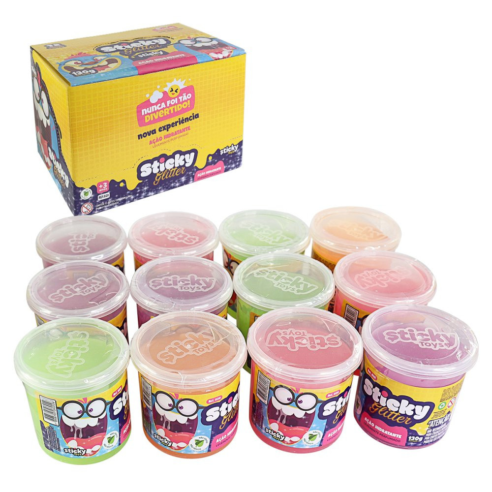 Caixa com 12 Potes de Slime Geleca 130g Coloridas com Glitter - Sortido ...