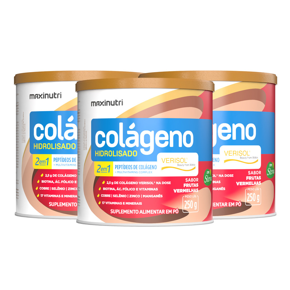 Kit 3 Colágeno Verisol Frutas Vermelhas Lata 250g Maxinutri | Shopee Brasil