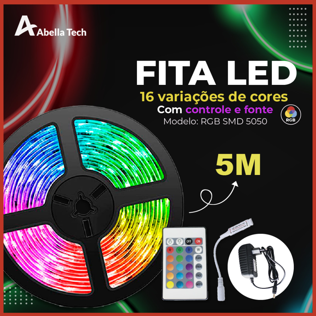 Fita LED RGB 5 Metros com Controle Remoto, 300 LEDs e Efeitos Bivolt | Shopee Brasil