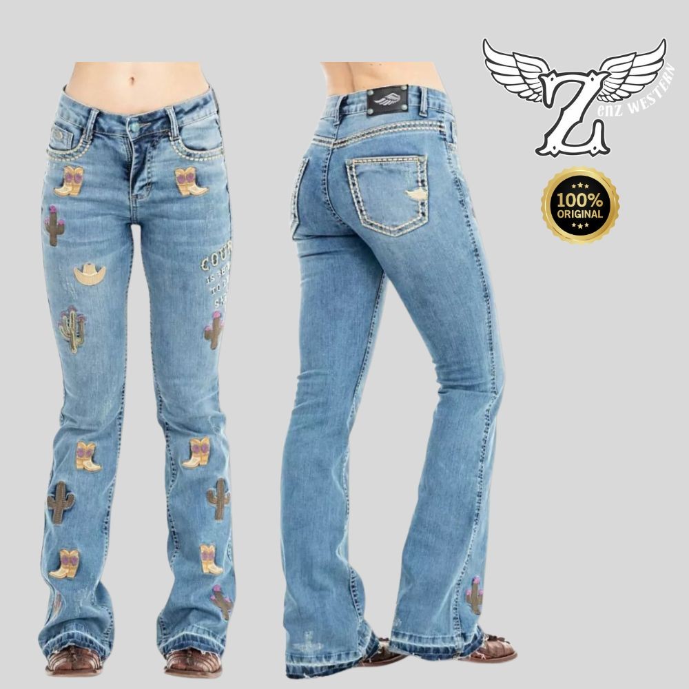Calça Feminina Zenz Western Jeans Azul Delavê Bootcut Com Bordados ...