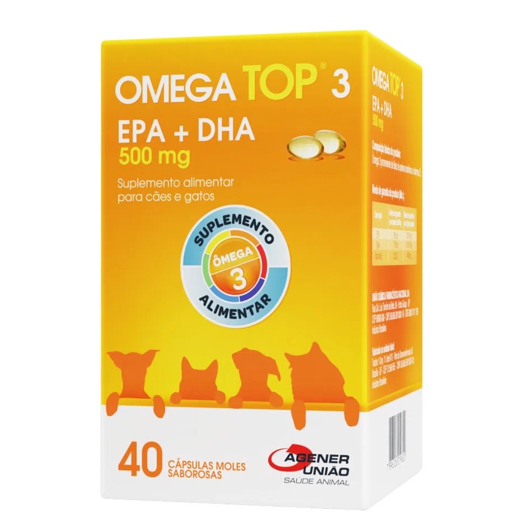 Omega Top 3 Suplemento 40 Cápsulas Cães e Gatos 500mg Agener | Shopee ...