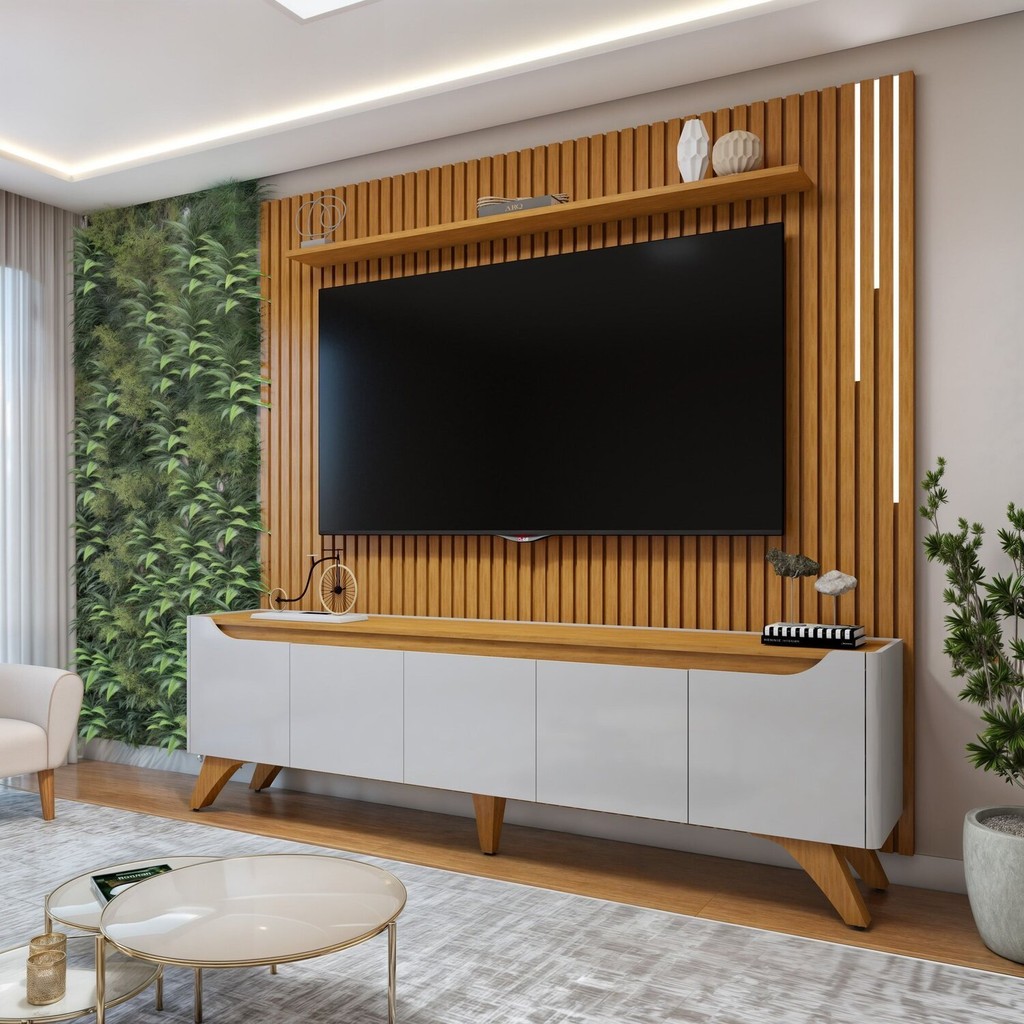 Conjunto Rack Grécia 220cm com Painel Ripado com Led para Tv de até 75 ...