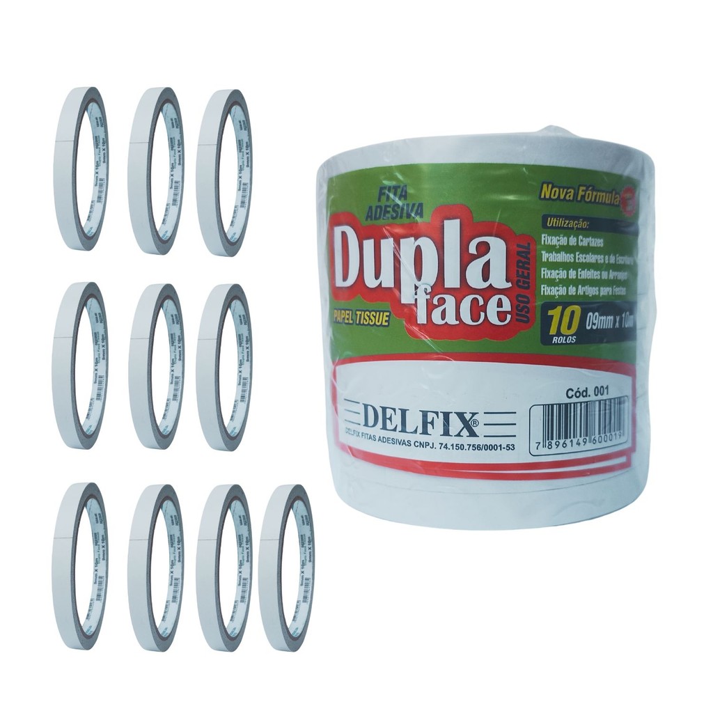 Fita Adesiva Dupla Face Papel Tissue 9mm x 10m Delfix - 10 Rolos ...