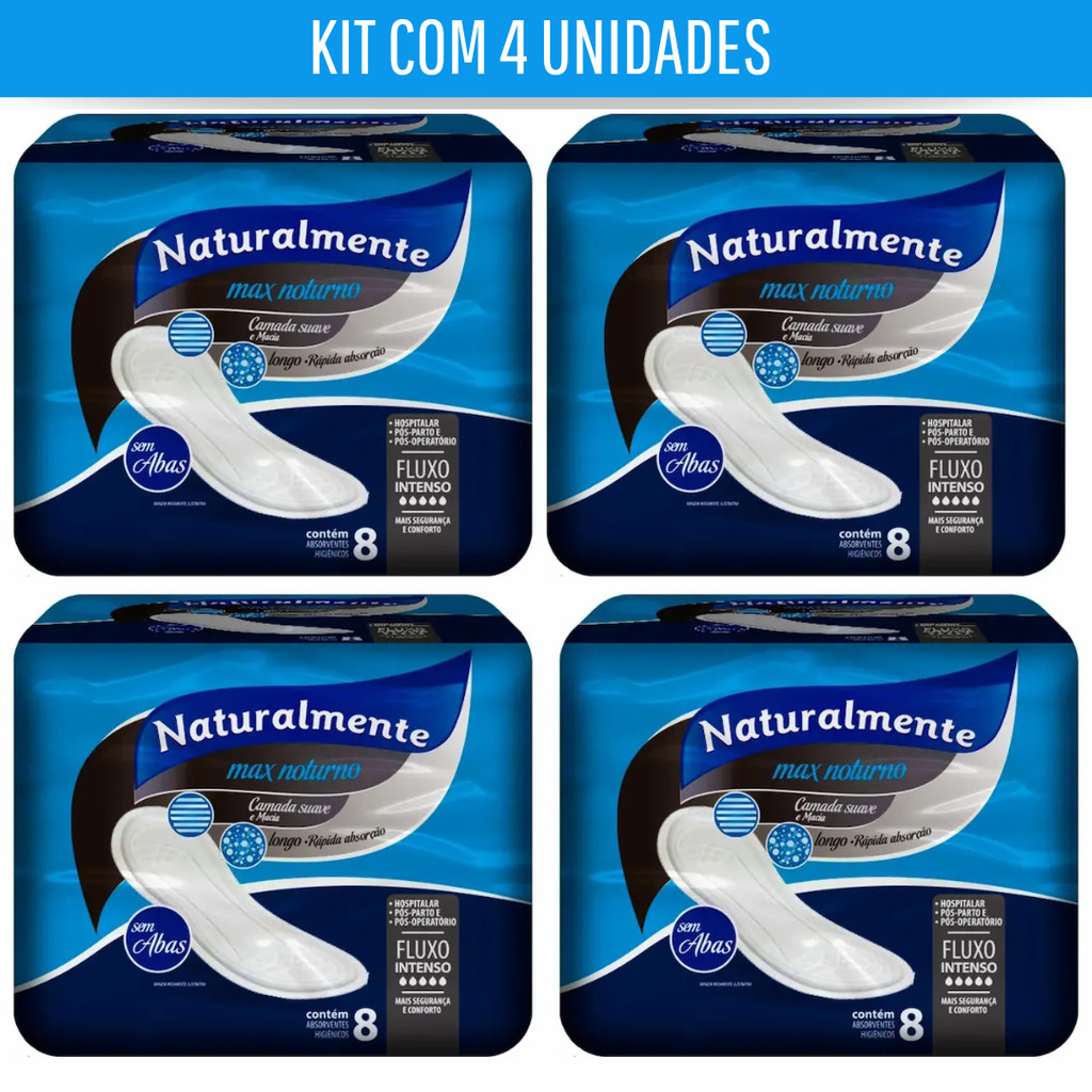 Kit 4 Naturalmente Absorvente Noturno Longo Sem Abas Contém 8 Unidades ...