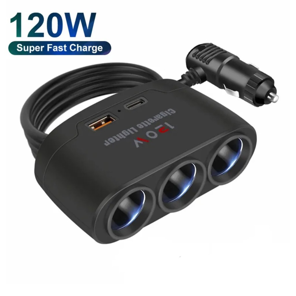 3 Em 1 Tomada USB Dupla 120W Divisor De Isqueiro Do Carro 12V 24V ...