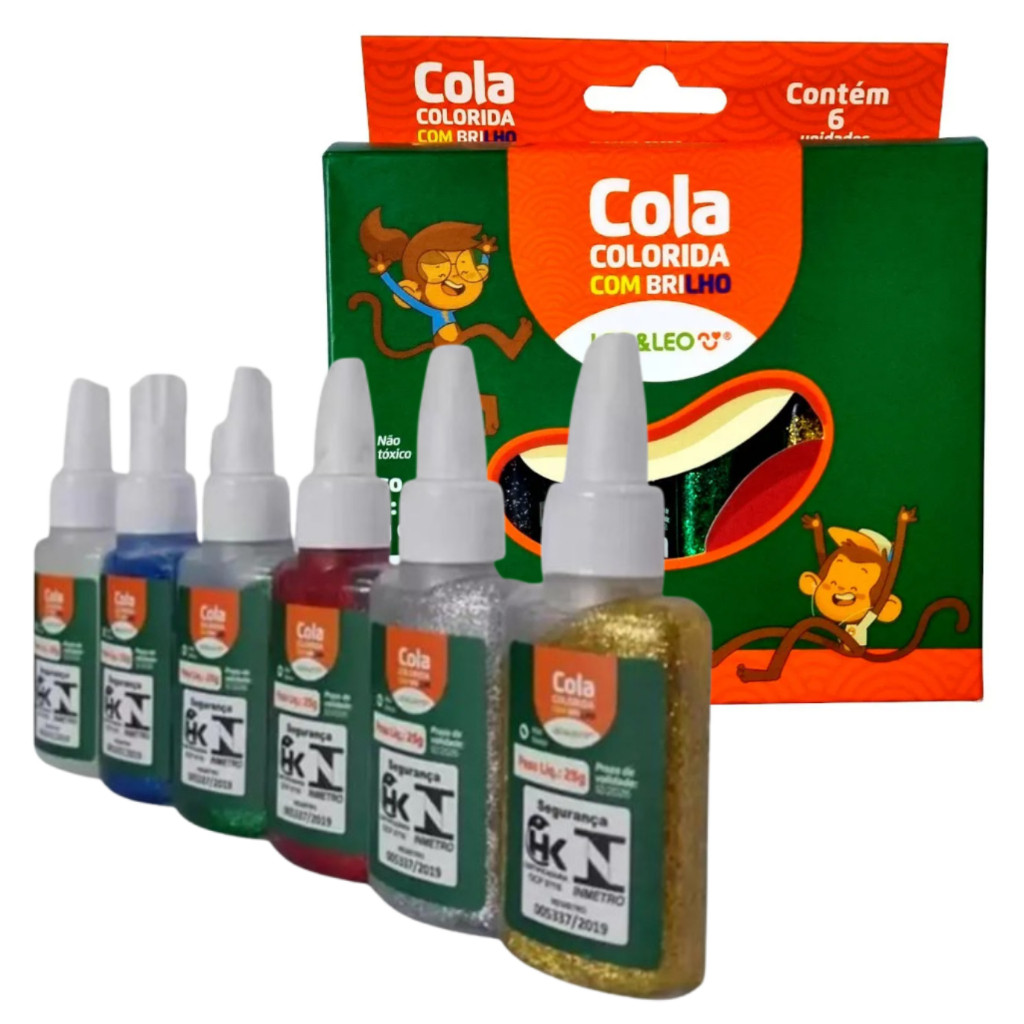 Cola Colorida C/ Glitter 25g Cx C/ 6 Cores - Leo & Leo Cola Escolar ...
