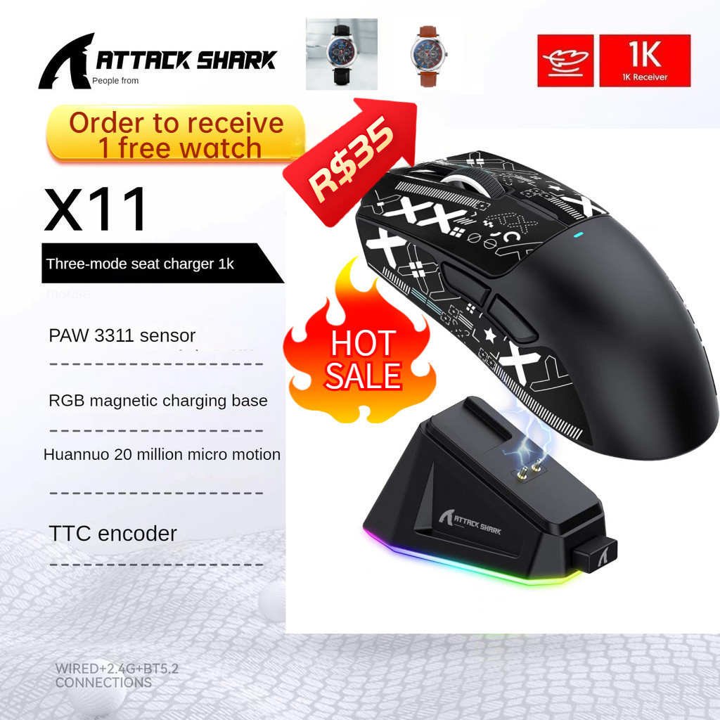 Spot Second Attack Shark X11 2.4G Leve PAW3311 22000dpi 400IPS BT5.0 Jogo Sem Fio Bluetooth 50G ...