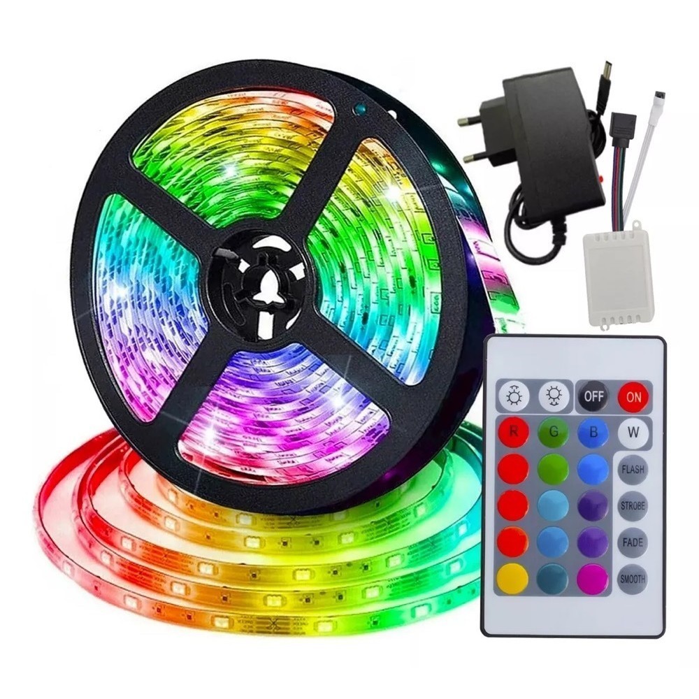Fita Led Rgb 3528 Colorida 5m + Controle+Fonte 300 Led Decoração Casa ...